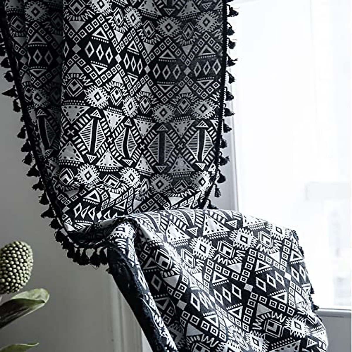 Boho Geometric Semi-Blackout Curtains for Bedroom Farmhouse Room Decor Curtains 2 Panels Black White Burlap Linen Curtains Rod Pocket for Living Room,Tassel,52 x 84 Inches