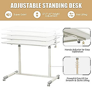 Tangkula Mobile Computer Desk with Steel Frame, Small Height Adjustable Rolling Compact Stand Up Desk on Wheels, MDF PVC Tabletop, Ideal for Home Office, White