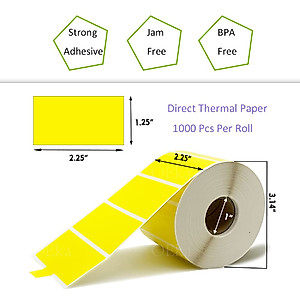 OEka 2.25" X 1.25” Direct Thermal Labels Barcode Address Labels 1000Pcs/Roll Compatible with Rollo & Zebra Desktop Printers (1 ROLL, Yellow)