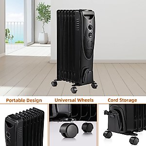 R.W.FLAME Oil Filled Radiator Heater - 3 Heat Settings, Adjustable Thermostat, Quiet and Portable Space Heater with Tip-over & Overheating Functions (27", Black)