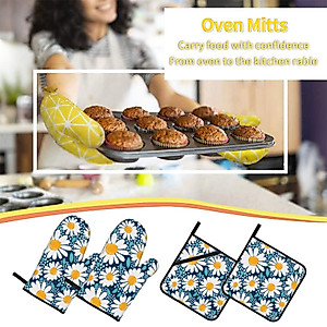 Oven Mitts and Pot Holders Sets of 4 High Heat Resistant Daisy Flowers Oven Mitts with Oven Gloves and Hot Pads Potholders for Kitchen Baking Cooking BBQ Non-Slip Cooking Mitts