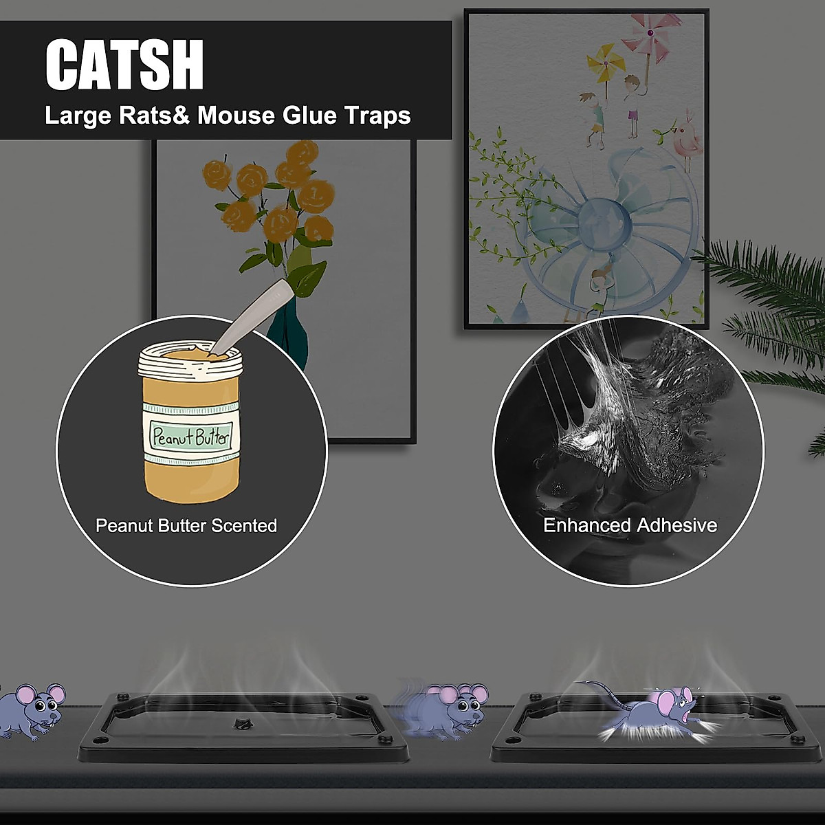 CATSH Rat Mouse Glue Traps Indoor for Home 12 Count - Mice Control Trap Large Size Waterproof Pre-Scented Super Hold Sticky Tray Non-Toxic