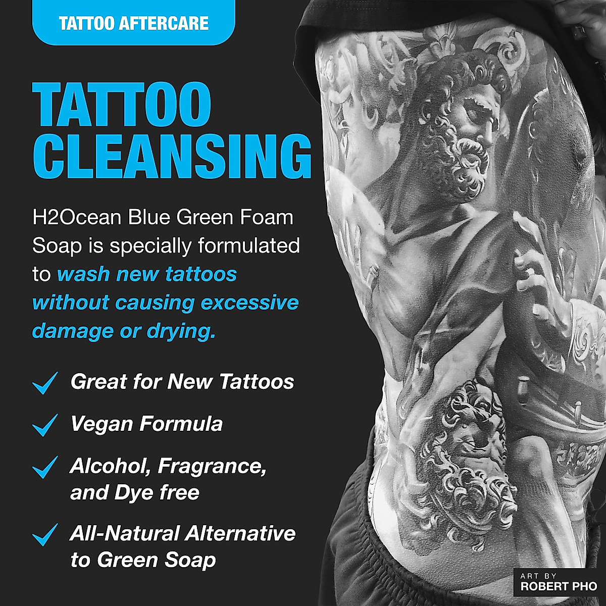 H2Ocean Blue Green Foam Soap - Tattoo Foam Antibacterial Soap for Tattoo Aftercare - Tattoo Care with Aloe Vera - Travel-Size Tattoo Moisturizer Soap - 1.7 oz