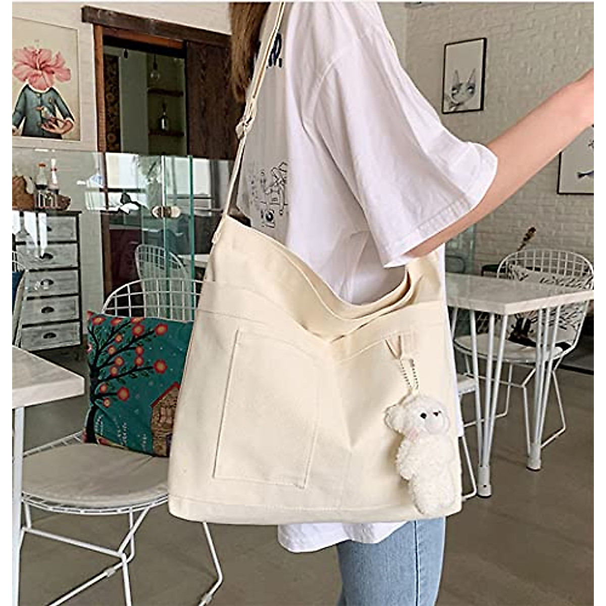Kehpish Economical Cotton Tote Bag, Reusable Womens Canvas Tote Bag with 3 External Pocket, Top Zipper Closure White