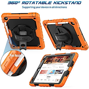 Timecity Case for iPad 9th/ 8th/ 7th Generation 10.2 inch - Heavy Duty Protective Cover with Screen Protector, Rotating Stand, Shoulder Strap & Pencil Holder | Kids-Friendly (Orange)