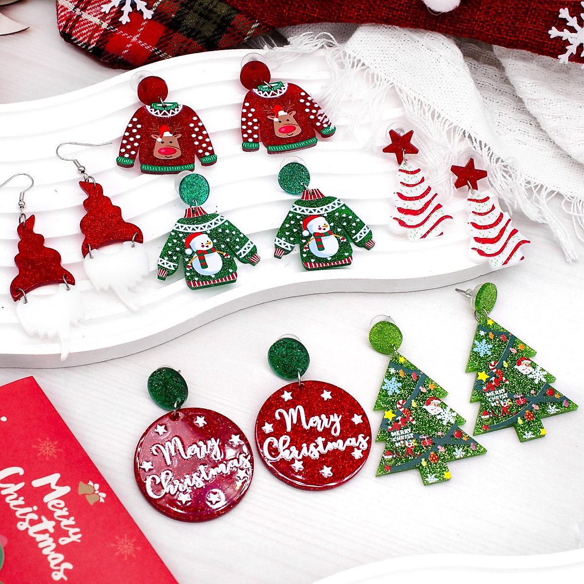 SKYFUN Christmas Earrings for Women Acrylic Lightweight Dangle Earrings Merry Christmas Santa Claus Snowman Ugly Sweater Elk Xmas Holiday Jewelry Gifts Accessories Green Sweater