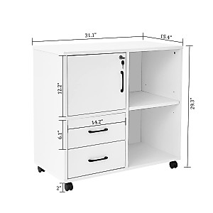 Office Storage Cabinet with 2 Drawers, Modern Rolling Cabinet with 3 Storage Shelves Printer Stand Table with Wheels for Home Office Storage (White)