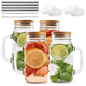 Mason Jar 24OZ Mason Jar with Lid and Straw Regular Mason Jar Lids Set Of 4 Mason Jar Cups with Handles Reusable Boba Cups Travel Bottle for Iced Coffee Large Pearl Juice Cocktail Smoothie (4, 24OZ)
