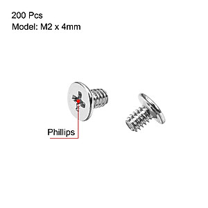 uxcell M2x4mm Phillips Screw Fastener Silver Tone 3.8mm Dia Screw Head for Laptop PC TV Fan Switch 200pcs