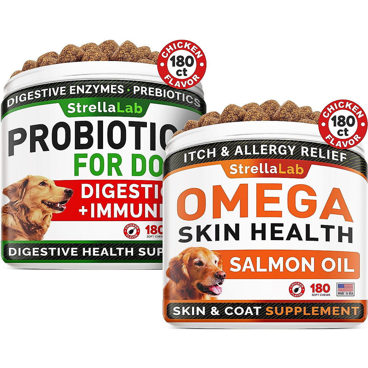 Dog Probiotics Treats for Picky Eaters Bundle + Fish Oil Omega 3 Treats for Dogs - Allergy Relief, Joint Health, Itch Relief. Skin & Coat Supplement + Enzymes + Prebiotics for Digestion Support