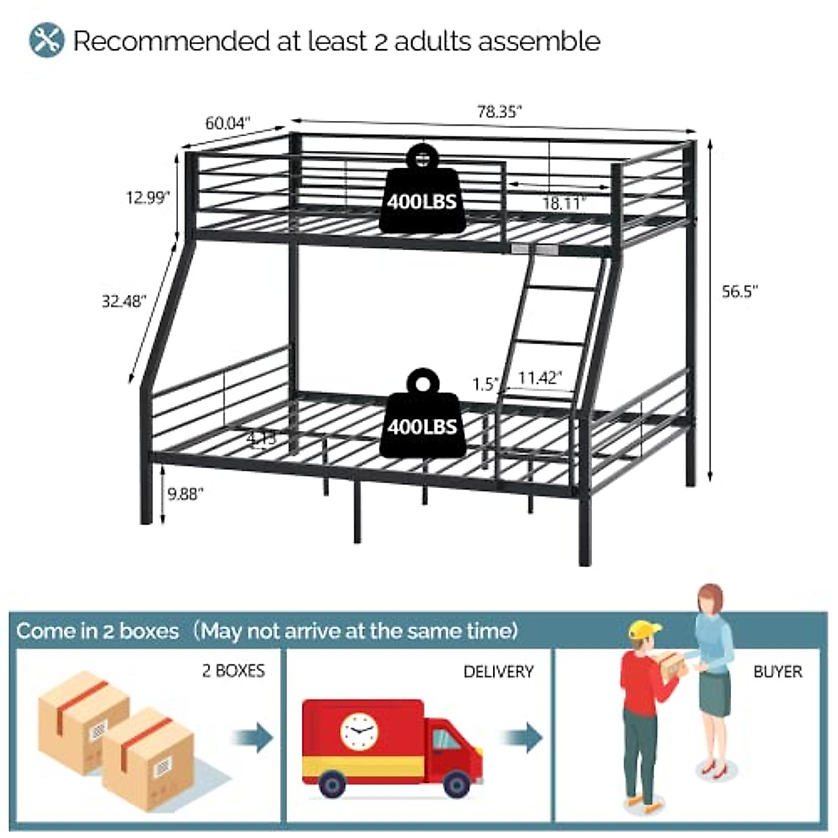 VINGLI Metal Bunk Bed Twin Over Full, Flat Steps, Black