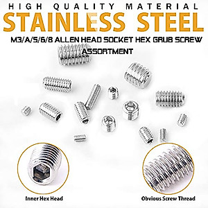 VIGRUE 300Pcs Set Screw Assorted M2.5/M3/M4/M5/M6/M8 Hex Allen Head Socket Grub Screw Assortment Kit with Internal Hex Drive, 304 Stainless Steel (Metric)