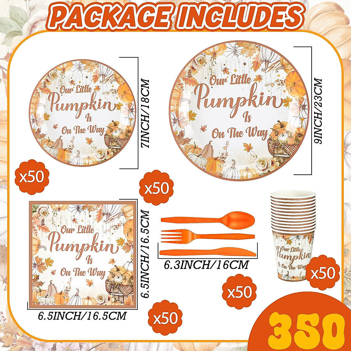 Skybooly 350 Pcs Pumpkin Baby Shower Party Decorations Supplies Fall Theme Party Tableware Set Our Little Pumpkin Is on the Way Party Dessert Plates Napkins Forks for 50 Guests Baby Shower Party