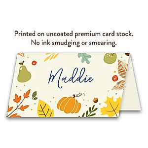 Koko Paper Co Thanksgiving Place Cards with Pumpkin and Autumn Foliage. Pack of 50 Tent Style Cards for Thanksgiving and Other Fall, Autumn Events. No Holder Necessary.