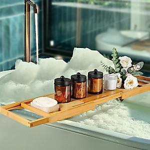 Amolliar Amber Glass Qtip Holder, Apothecary Jars with Matte Black Metal Lid & Stickers-Bathroom Qtip Dispenser Storage Organizer Set,Vanity Counter Canister for Cotton Swabs,Round Pads,Floss (2 Pack)