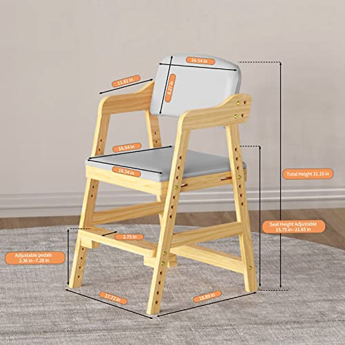 Wooden High Chair for Toddlers, Adjustable Toddler High Chair with High Rebound Waterproof Cushion for Toddlers to Teens，Toddler Dining Chair with Steps for Kids Dining, Studying, Step Tool (Grey)