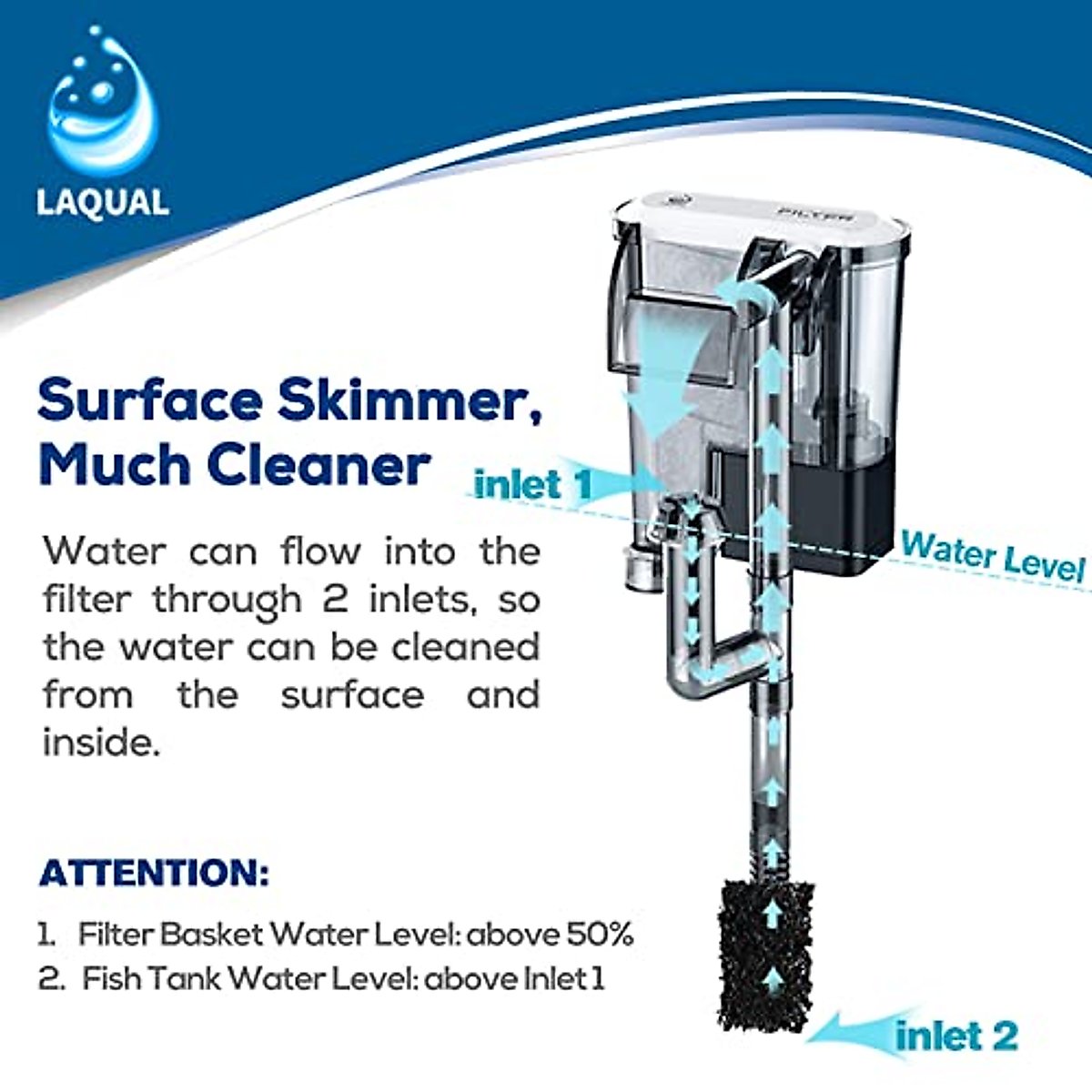LAQUAL 5-10 Gallon Aquarium Filter with Surface Skimmer, Small Quiet Fish Tank Filter, 3-Layer Filtration & Adjustable Water Flow, Waterfall Design for Increasing Oxygen, Hang on Back Filter