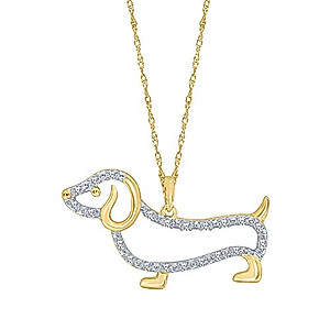 Elmas 1/10CT Round White Diamond 10K Yellow Gold Dachshund Dog Pet Pendant Necklace for Women