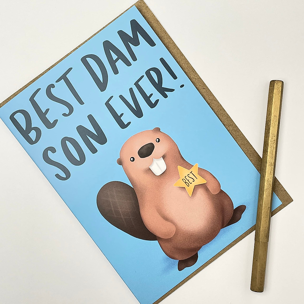 Old English Co. Best Dam Son Ever Birthday Greeting Card - Beaver Pun Funny Birthday Card for Son - Cute Card from Mum and Dad - Congratulations Well Done Son Card | Blank Inside with Envelope
