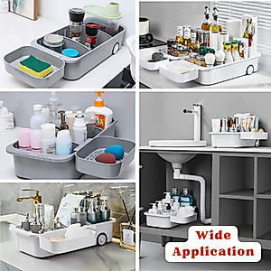 Undersink Pull Out Sliding Storage Basket, Car Shape Wheeled Cabinet Drawer Organizer for Kitchen Bathroom Sink Caddy, with Adjustable & Detachable Dividers and Side Drainer Basket, 8'' Wide Grey