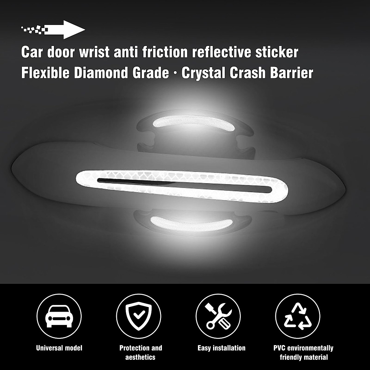 Yumfugu 8 PCS Car Door Handle Sticker, 4 PCS 3.5In x 3.2In Reflective Rubber Vehicle Door Bowl Stickers, 4 PCS 3.5In x 0.5In Handle Protection Film, Universal Warning Protector (White)