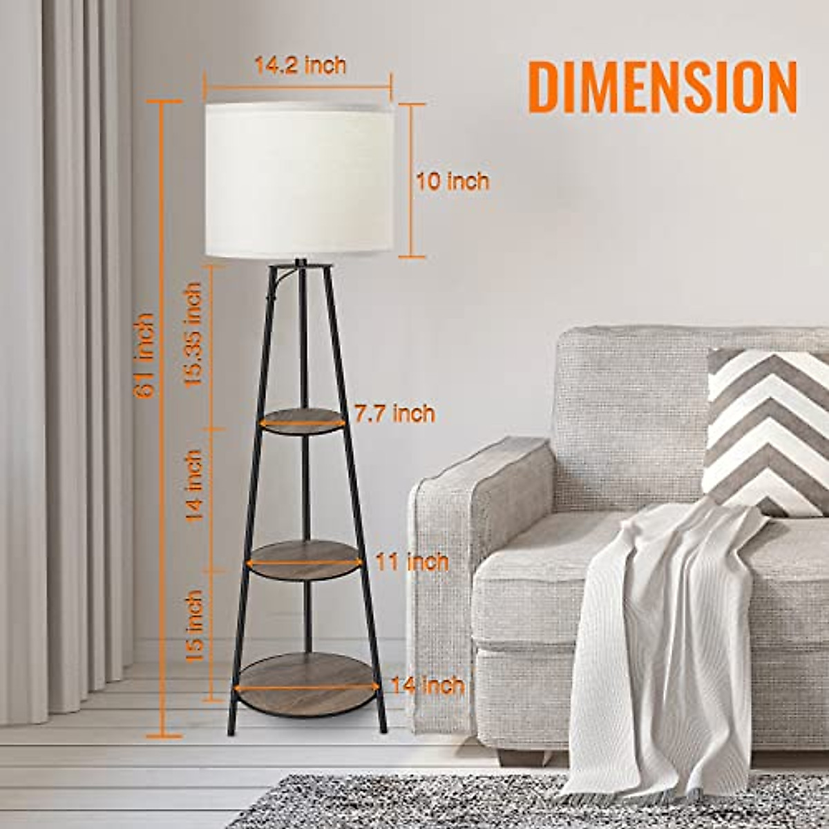 Floor Lamp, 3-Tier Round Corner Shelf Floor Lamp with 3 Dimmable Levels - Simple Standing Lamp with White Fabric Shade, Tall Modern Floor Lamps with Shelves for Bedroom, Living Room and Office