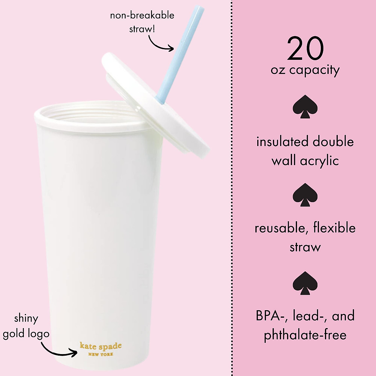 Kate Spade New York Bridal Insulated Tumbler with Reusable Straw, 20 Ounces, Miss to Mrs. (White)