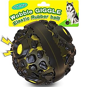 MITAIKO Dog Toy Ball for Aggressive Chewers, Interactive Fetch Dog Ball with Fun Squeaky Wobble Giggle Sound, Durable for Small Medium Large Dogs, Non-Toxic Rubber Pet Chew Toys, Black & Yellow