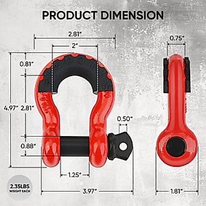 TICONN 2 Pack D Ring Shackle with 7/8" Screw Pin 57,000Ibs Break Strength, 3/4" Heavy Duty Shackles with Isolator & Washers for Tow Strap Winch Off Road Vehicle Recovery (Red/Black2)