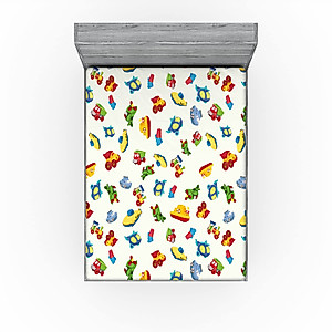 Ambesonne Plane Fitted Sheet Set, Airplane Boat Ship Helicopter Submarine Car Truck Van Boys Cartoon Transportation, Bed Cover with All-Round Elastic Deep Pocket 2 Pcs, Queen Size, Multicolor