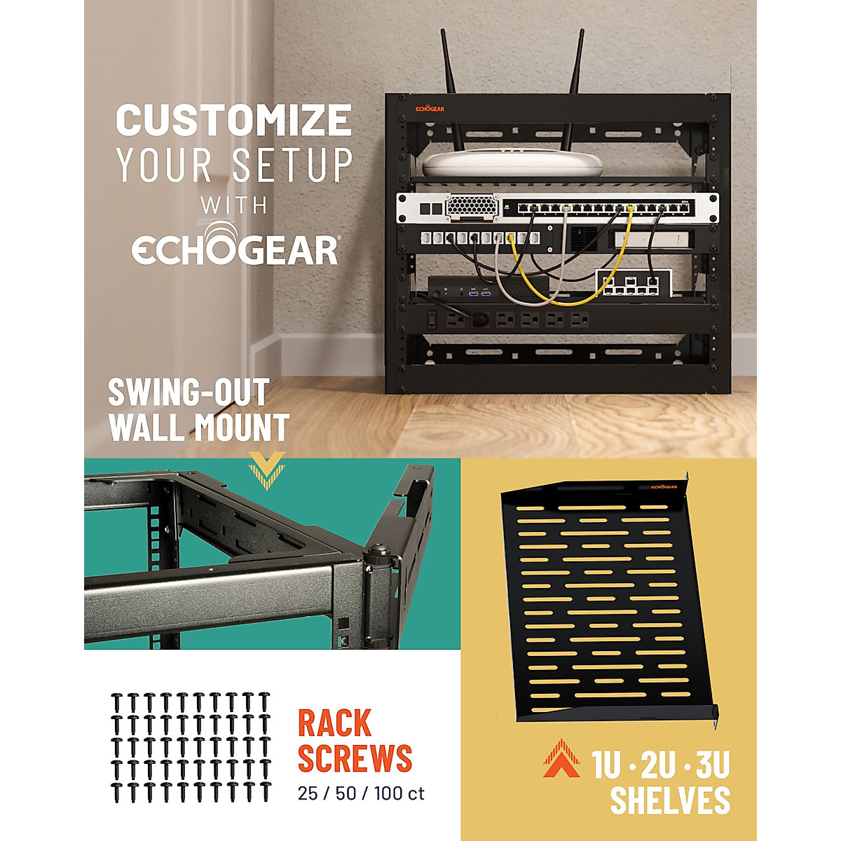 ECHOGEAR 10U Network Rack - Wall Mountable Heavy Duty 4 Post Design Holds All Your Networking & AV Gear - Open Frame Design Includes 2 1U Vented Shelves & Mounting Hardware