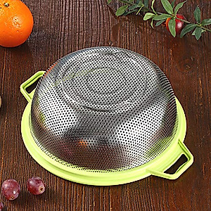 Stainless Steel Colander With Handle and Legs, Large Metal Green Strainer for Pasta, Spaghetti, Berry, Veggies, Fruits, Noodles, Salads, 5-quart 10.5” Kitchen Food Mesh Colander, Dishwasher Safe