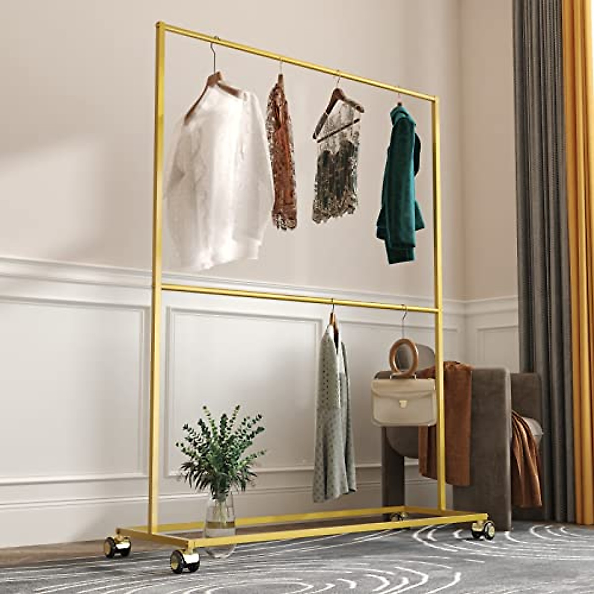 MaiRHK Metal Clothing Rack on Wheels, Gold Garment Rack Rolling Clothes Rack with Double Hanging Rod for Bedroom, Hall, Clothes Store and Boutique-(47.2''L)