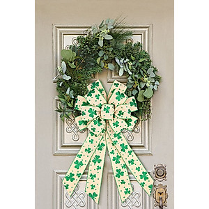 Large St. Patrick's Day Bows for Wreath, Glitter Green Shamrock Bow Irish Wreath Bows Holiday Burlap Bows for Front Door Saint Patrick's Day Decorations Supplies