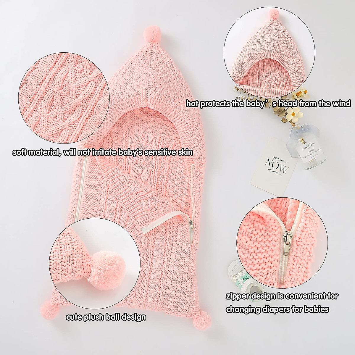 Baby Winter Warmer Wrap Swaddle Blanket Newborn Knitted Wool Sleeping Bag Sack Stroller Wrap Receiving Blanket Home Hospital Blankets for 0-12 Months (Pink)
