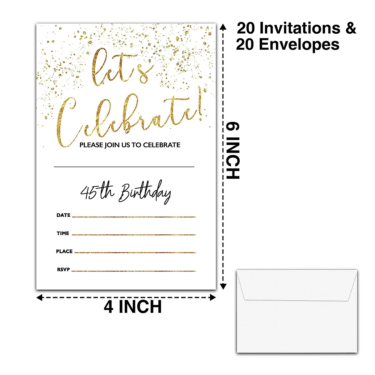 YSTEP 45th Birthday Party Invitations, 20 Invite Cards with Envelopes, 4" x 6" White and Gold Confetti Birthday Invites - C24