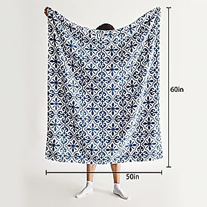 Geniospin Fleece Throw Blanket 50" x 60", 280GSM Navy Blue Throws, Cozy Bright Damask Pattern Lightweight Durable Blanket, Super Soft Plush Throw with Strip for Couch, Bed, Sofa, Warm and Breathable