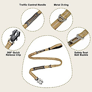 Raipult Heavy Duty Tactical Bungee Dog Leash, 4-6FT No Pull Dog Leash with Quick Release Carabiner, Reflective Shock Absorbing Leashes with Car Seatbelt for Medium Large Dogs,Khaki