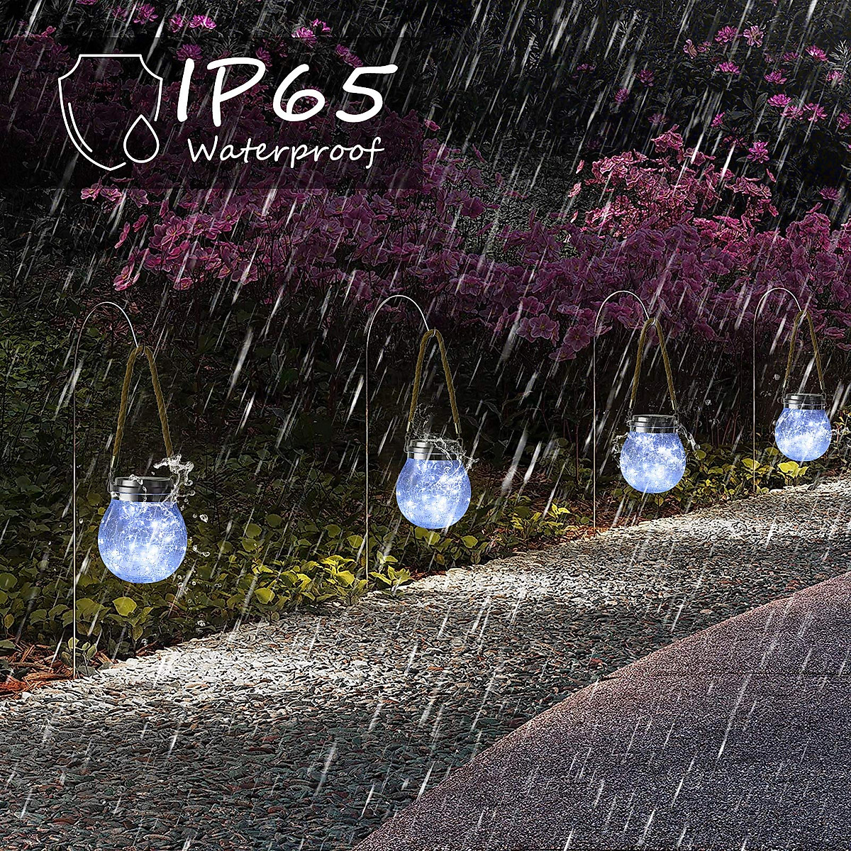 2 Pack Hanging Outdoor Solar Lights, 30 LED Outdoor Decorative Crackle Mason Jar Glass Lamp, Waterproof Solar Lanterns with Handle for Garden, Yard, Porch, Tree, Tabletop Decorations (White)