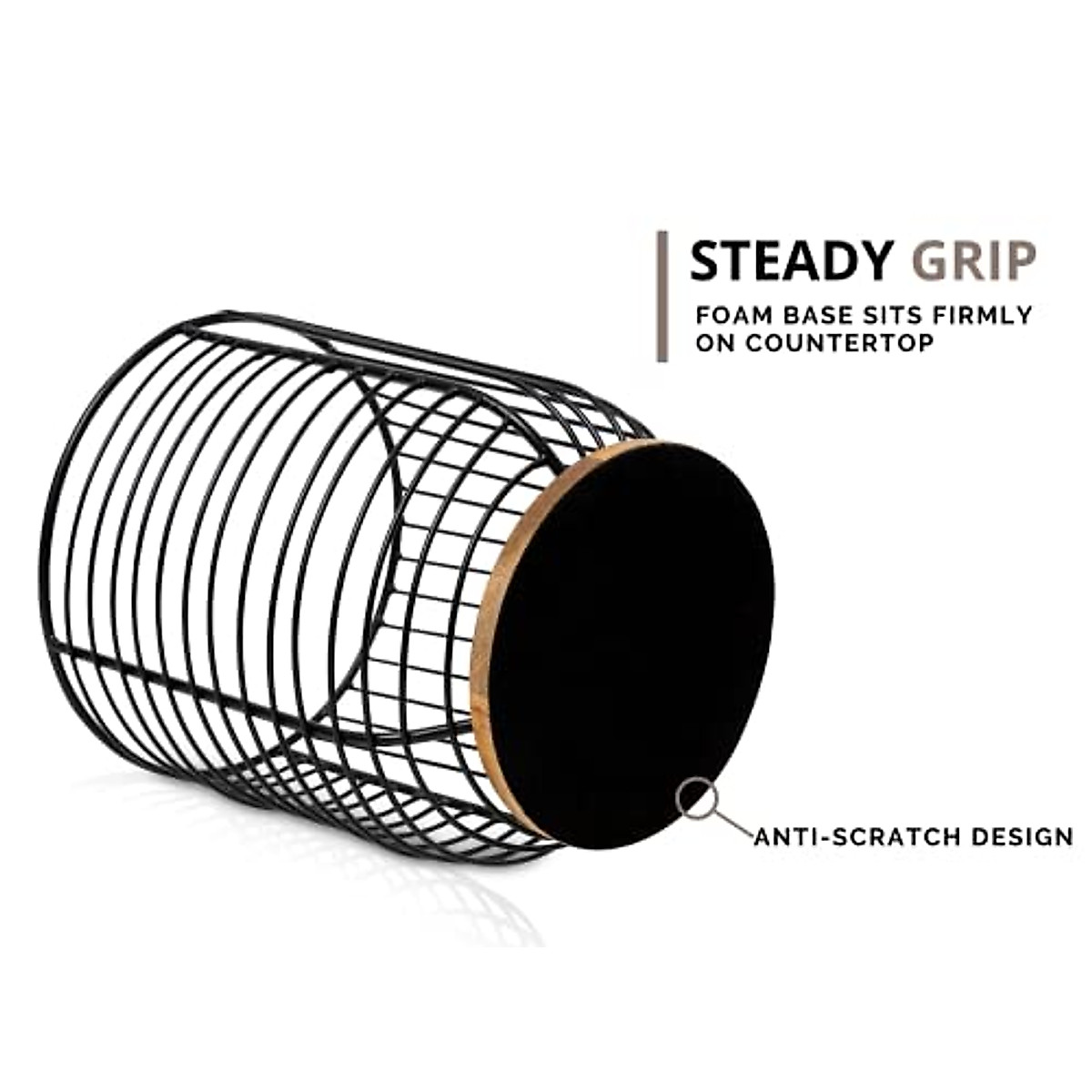 MosJos Extra Large Black Utensil Holder with Wooden Base - Farmhouse Utensil Storage - Wire Crock Kitchen Countertop Organizer - 7.2 x 6.2 Cooking Utensil Holder