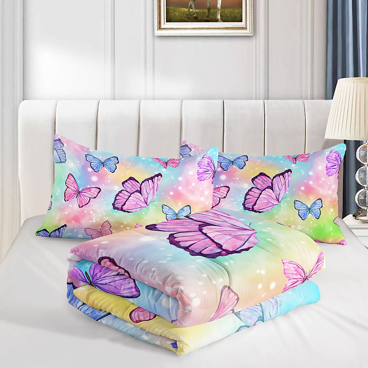 Datura home Bedding Comforter Set Rainbow Watercolor Butterfly Printed Pattern Quilt with 1 and 2 Pillowcases for Girls Bedroom All Season(Butterfly Full) Full 80x90inches