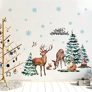 Mfault Winter Christmas Forest Deer Wall Decals Stickers, Xmas Wonderland Pine Tree Animals Elk Squirrel Rabbit Nursery Decorations Kids Bedroom Art, Snowflakes Baby Boys Girls Room Decor