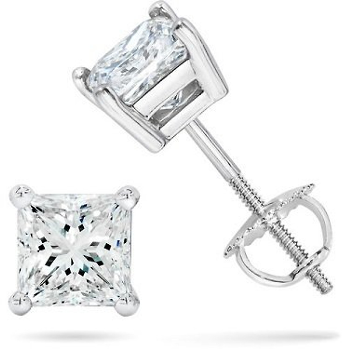 PARIKHS Princess cut Diamond stud Screw Back 14K White Gold (0.25ct, Clarity-I3)