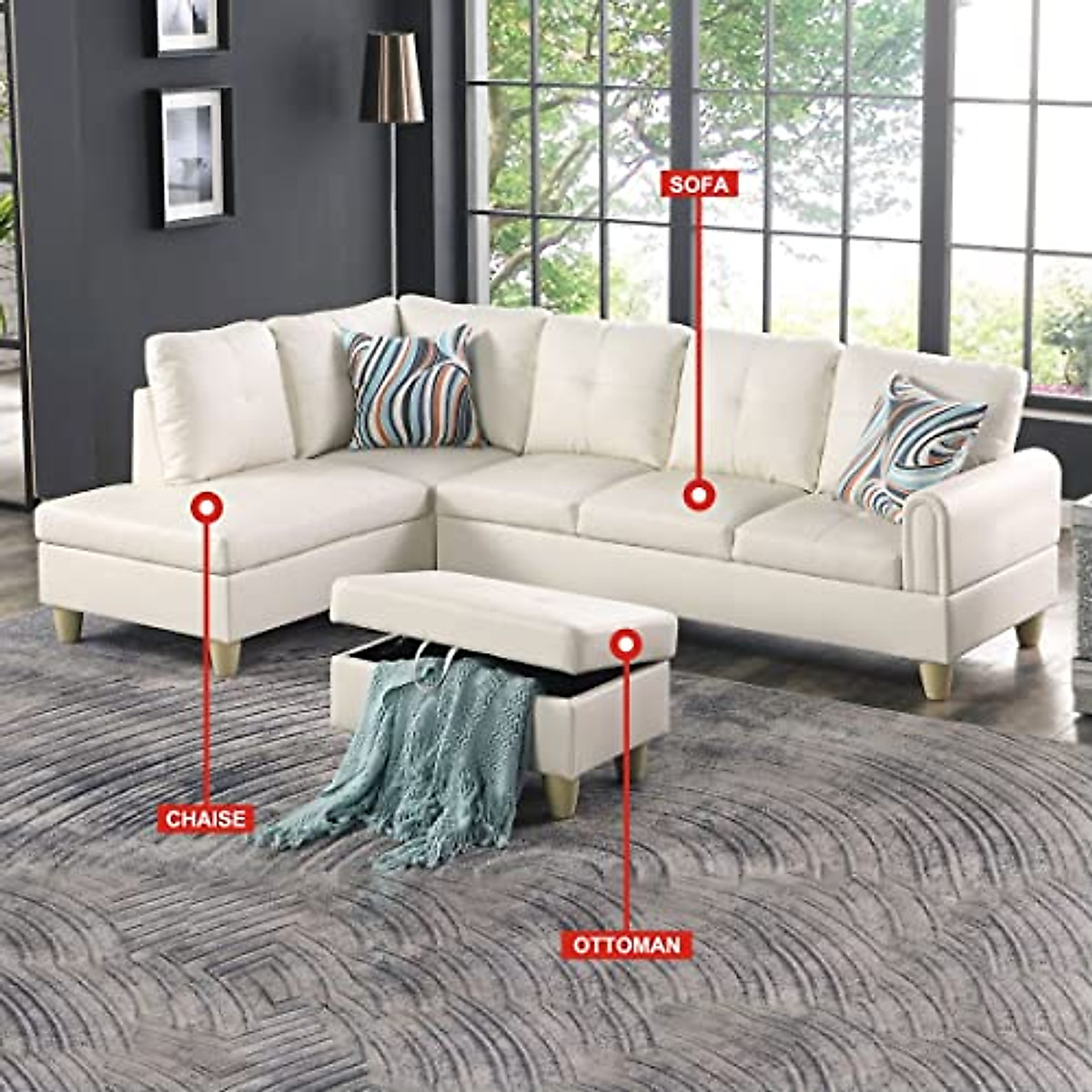 EZLUX Pearl White Faux Leather L-Shaped Left Chaise Sectional Sofa Couch Set with Ottoman for Living Room