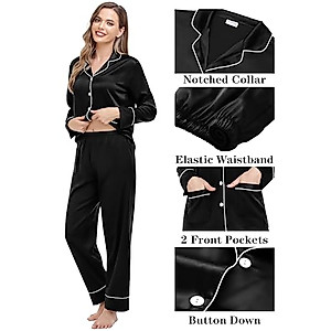 SWOMOG Couple Family Pajamas Matching Sets Women Silk Satin Pjs Set 2 Pcs Long Sleeve Button Down Sleepwear with 2 Pockets, Black Small