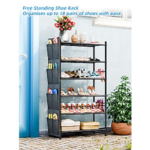 MWQ 6 Tier Shoe Rack Metal with Side Pocket, Sturdy Tall Shoe Organizer Storage Shelf for Closet, Black