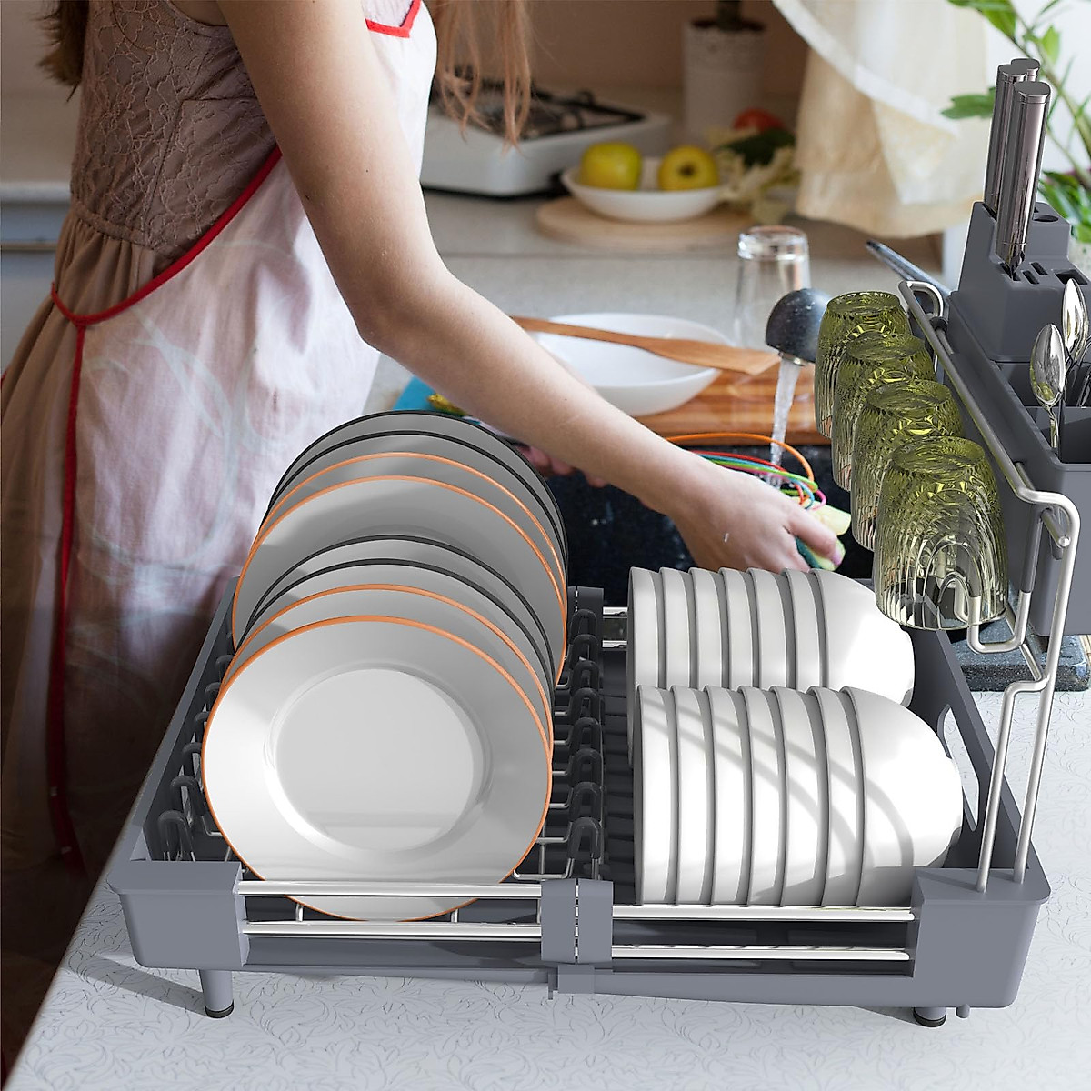 Ollieroo Dish Drying Rack, Rustproof Dish Racks for Kitchen Counter with Removable Utensil Holder,Knife Slots and Cups Holder,Large Capacity Drying Rack for Storage Plates Bowls Cups Utensil(Grey)