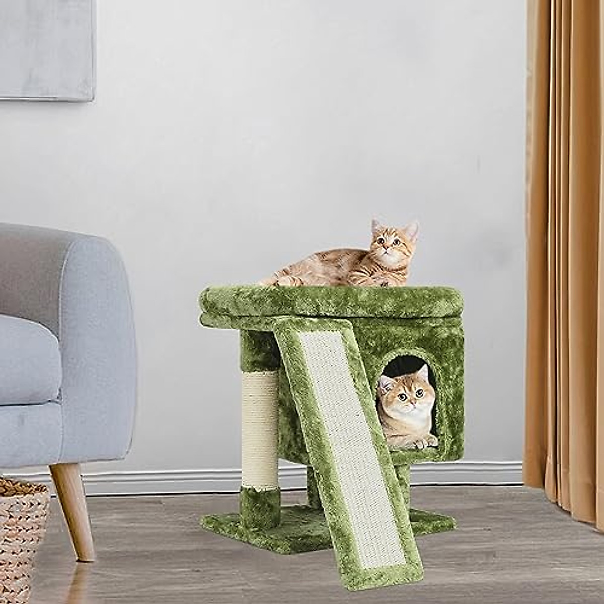 SYANDLVY Small Cat Tree for Indoor Cats, Kittens Condo with Scratching Post and Board, Cat Cave, Modern Cat Activity Tower with Plush Perch (Green)