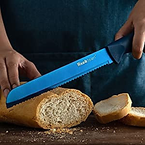 Wanbasion Blue 8 Inch Serrated Bread Knife, kitchen Bread Knife Serrated with Sheath, Stainless Steel Bread Knife for Homemade Bread Cake