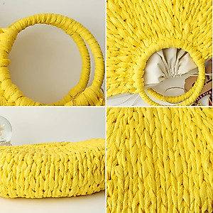 QTKJ Simple Retro Semi-circle Rattan Straw Bag Hand-Woven Round Handle Handbags Summer Beach Bag Tote Straw Bag Purse (Yellow)